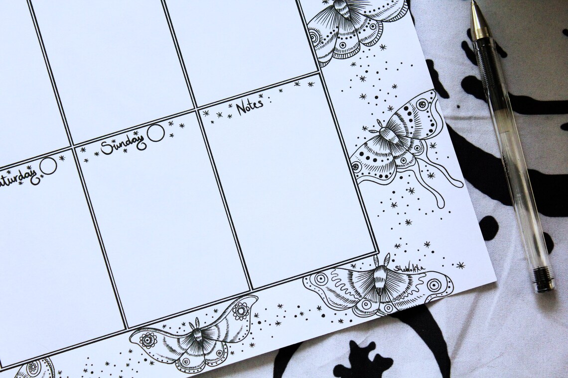 Printable Moth Weekly Planner Moth Daily Diary Coloring Moth - Etsy