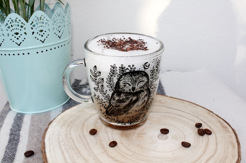 Owl Mug Glass Tea Cup Owl Art Handpainted Bird - Etsy