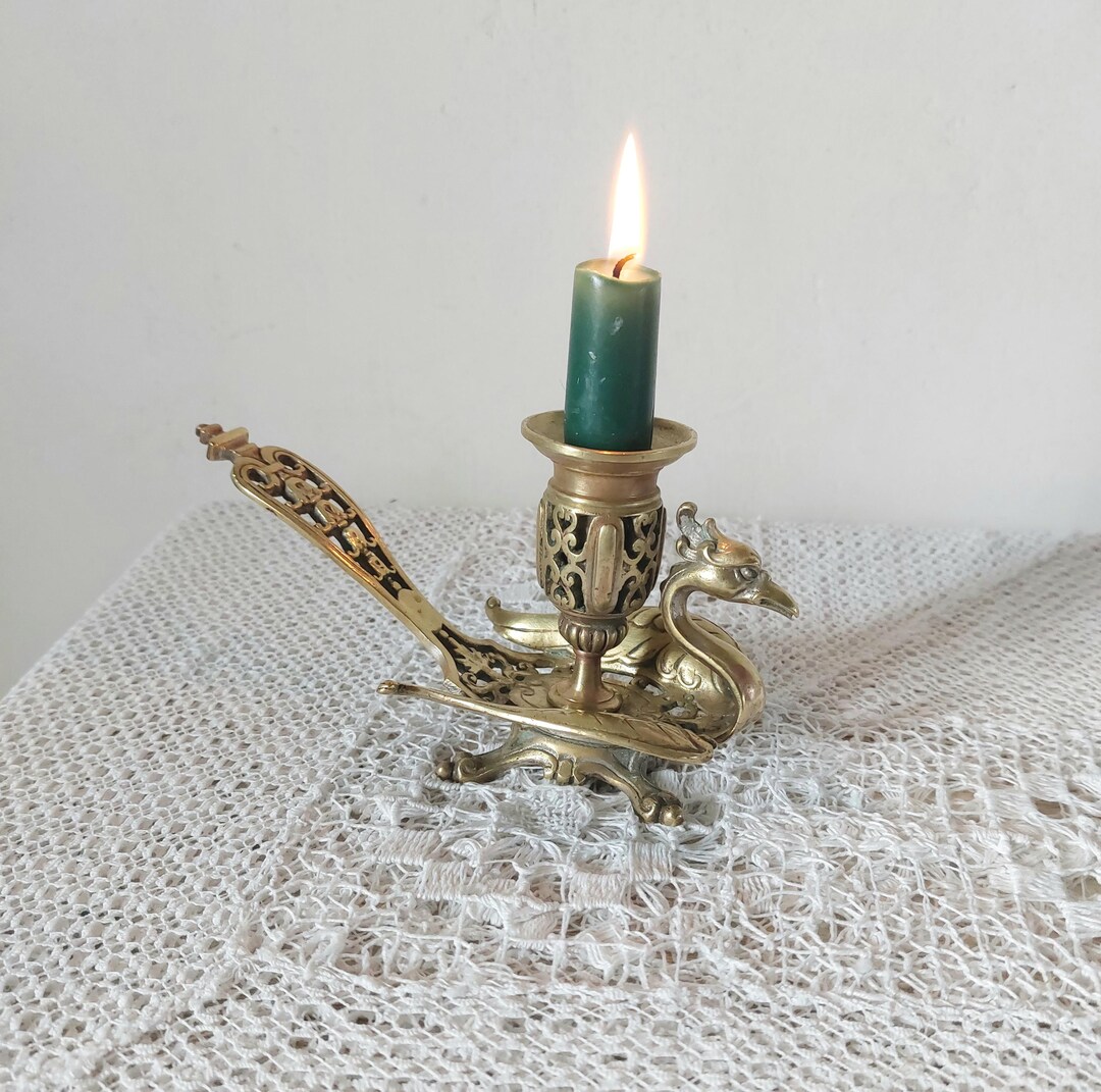 Antique Portable Candlestick in Solid Brass, Mythological Bird Shape ...