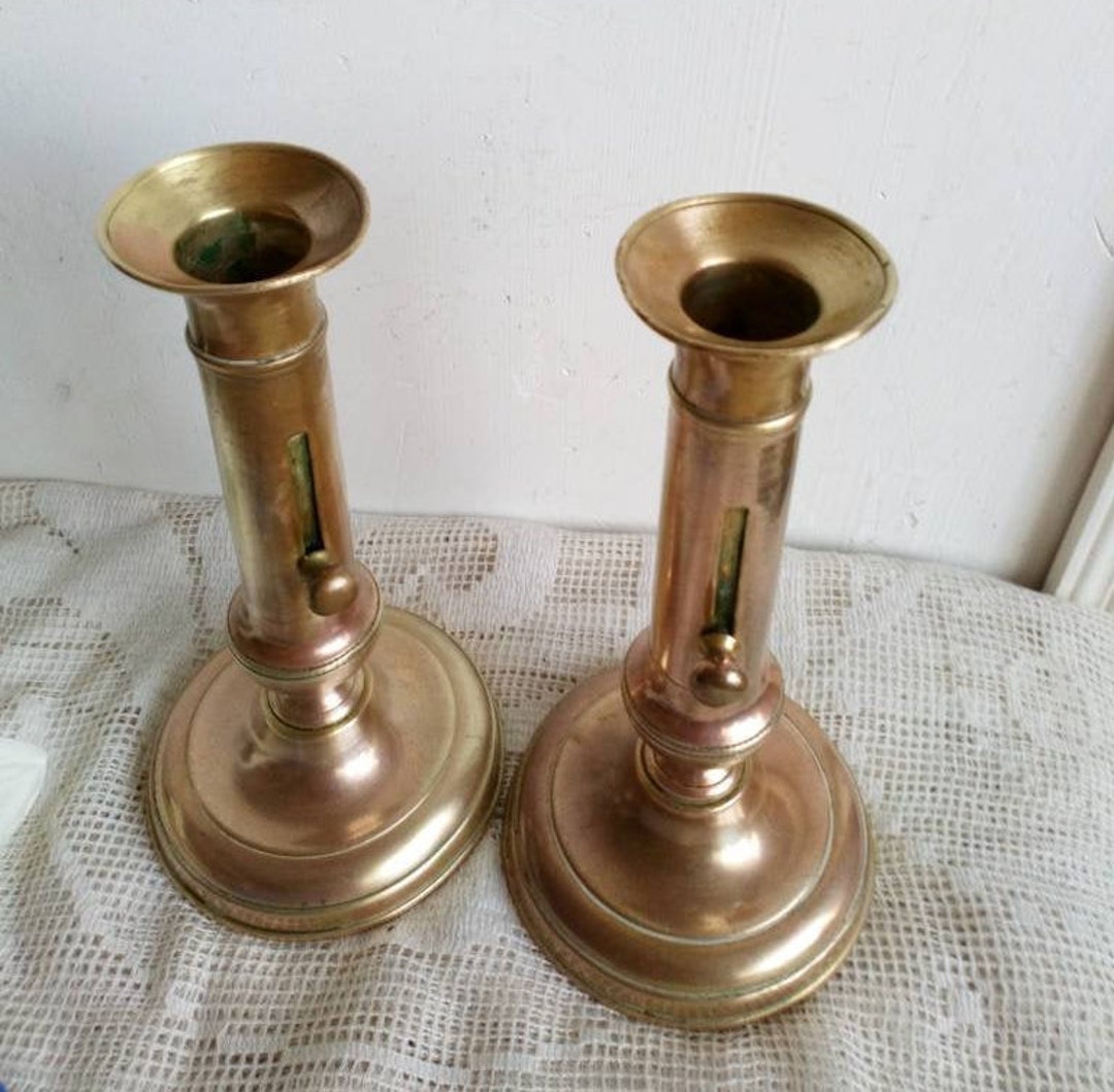 Vintage Pair Brass Candlesticks With Push up Lever for Taper Candles ...
