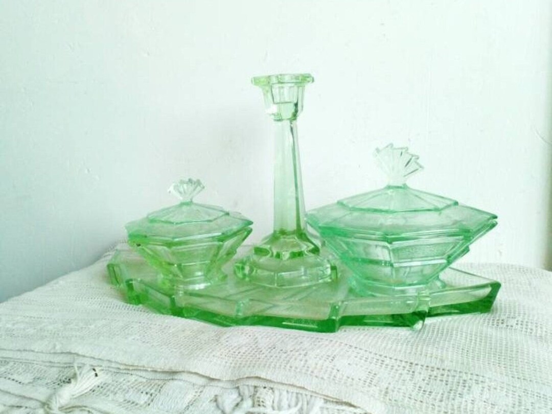 Flourescent Green Glass Dressing Table Set in Vintage Art Deco Design ...