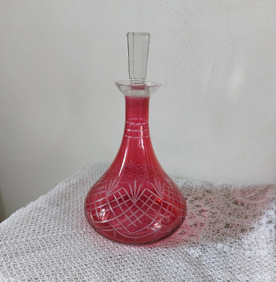 Red Crystal Carafe, Vintage Crannberry Cut to Clear Bohemian Glass ...