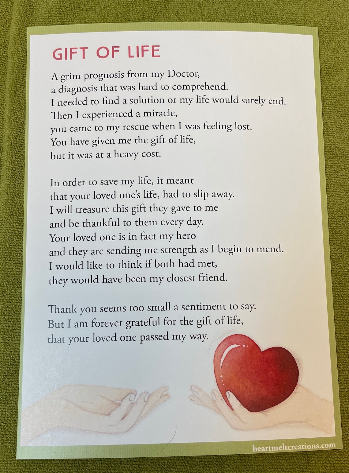 Transplant Card - Organ Donation-organ Gift of Life-thank You Card. - Etsy