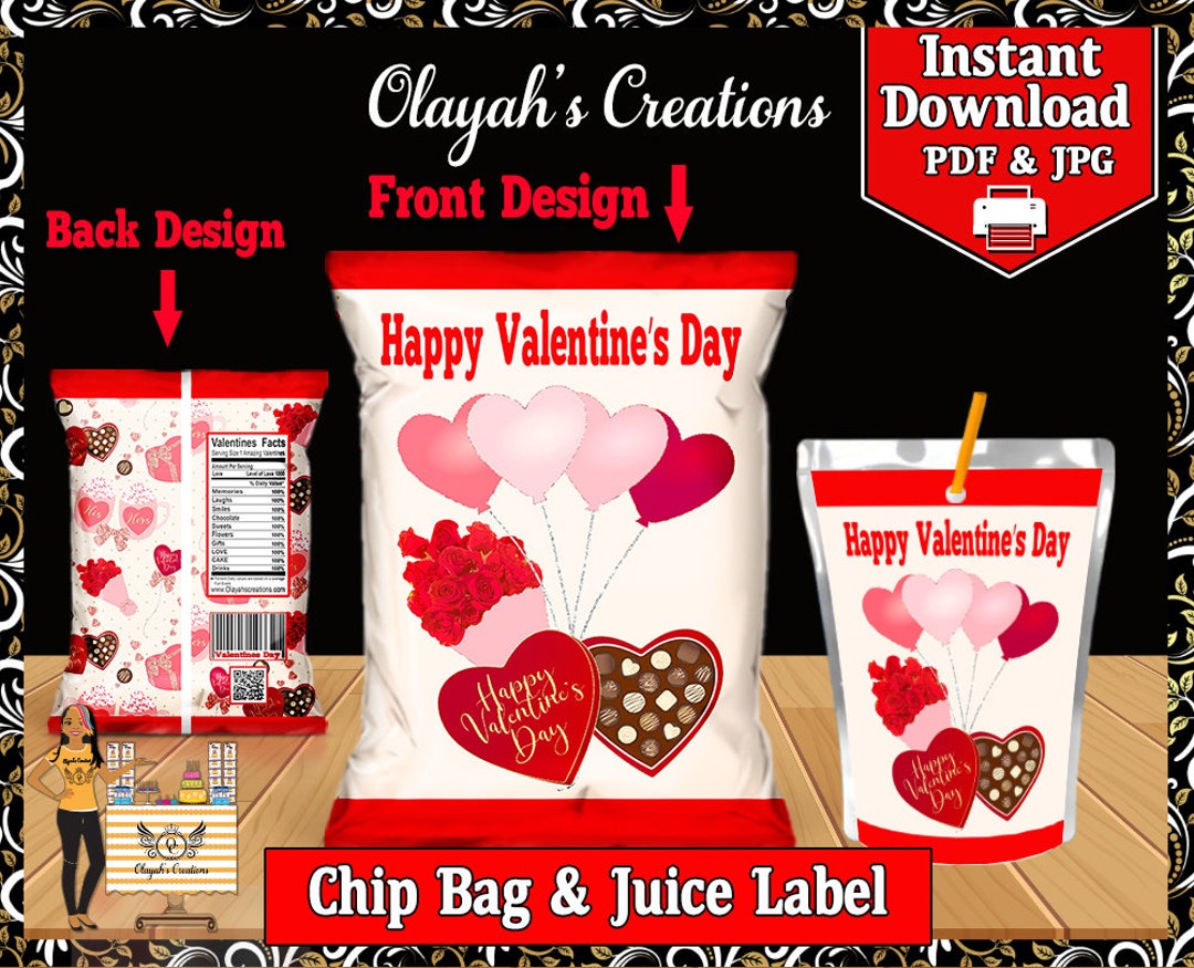 Happy Valentine's Day Chip Bag and Juice Label Printable Party Favor - Etsy