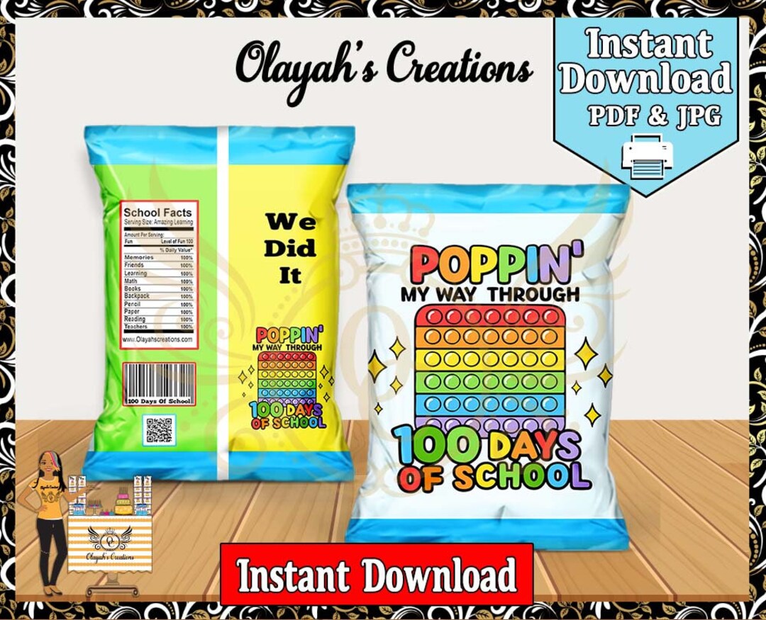 Poppin 100 Days of School Printable Chip Bag Party Favor - Etsy