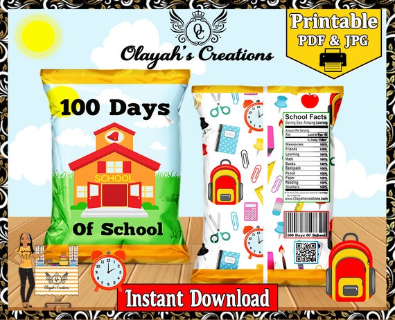 100 Days of School Printable Chip Bag | Etsy