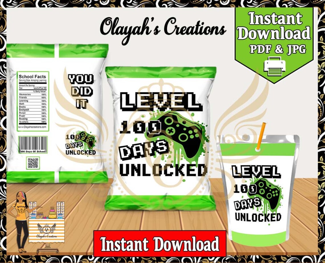 Level 100 Days Unlocked Chip Bag and Juice Label Set 100 | Etsy