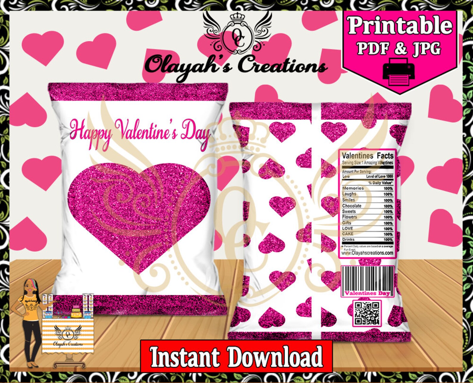 Valentine's Day Hot Pink Heart Printable Chip Bag Party Favor - Etsy