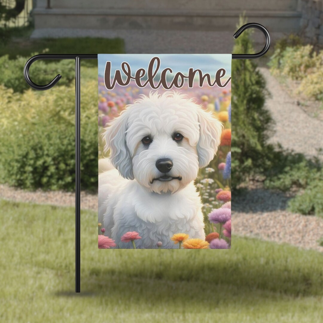 White Doodle Welcome Garden Flag, Goldendoodle Labradoodle Welcome ...