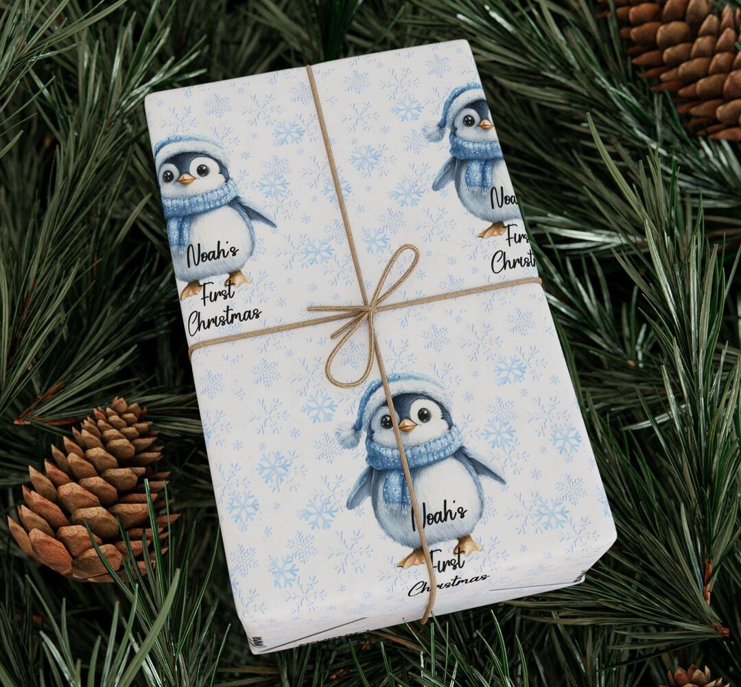 Custom 1st Christmas Cute Penguin Wrapping Paper | Snowflake Penquins ...