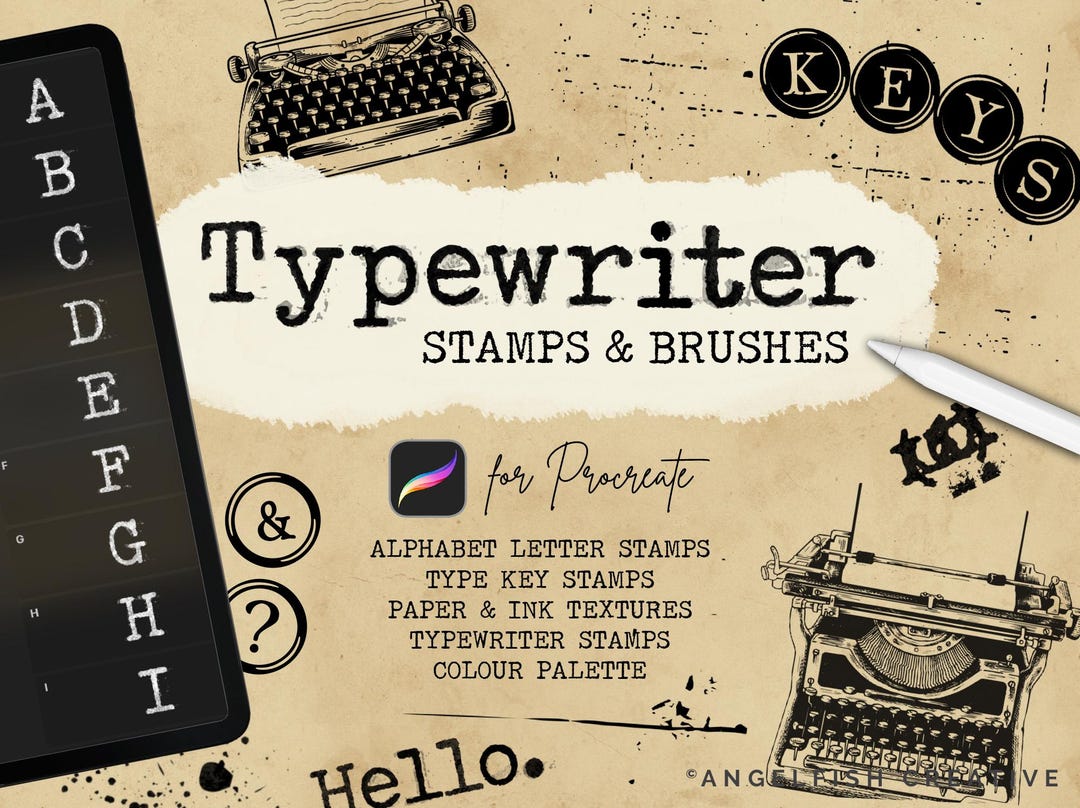 Typewriter Procreate Brush Set: Type Keys, Letter Stamps, Ink Textures ...
