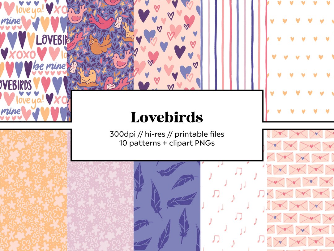 Lovebirds Digital Scrapbook Paper Bundle, Valentine Seamless Repeat ...