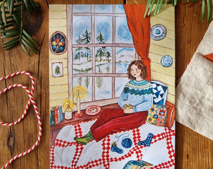 A5 Art Print Knitting Nook 2 Cosy Knitting Illustration - Etsy
