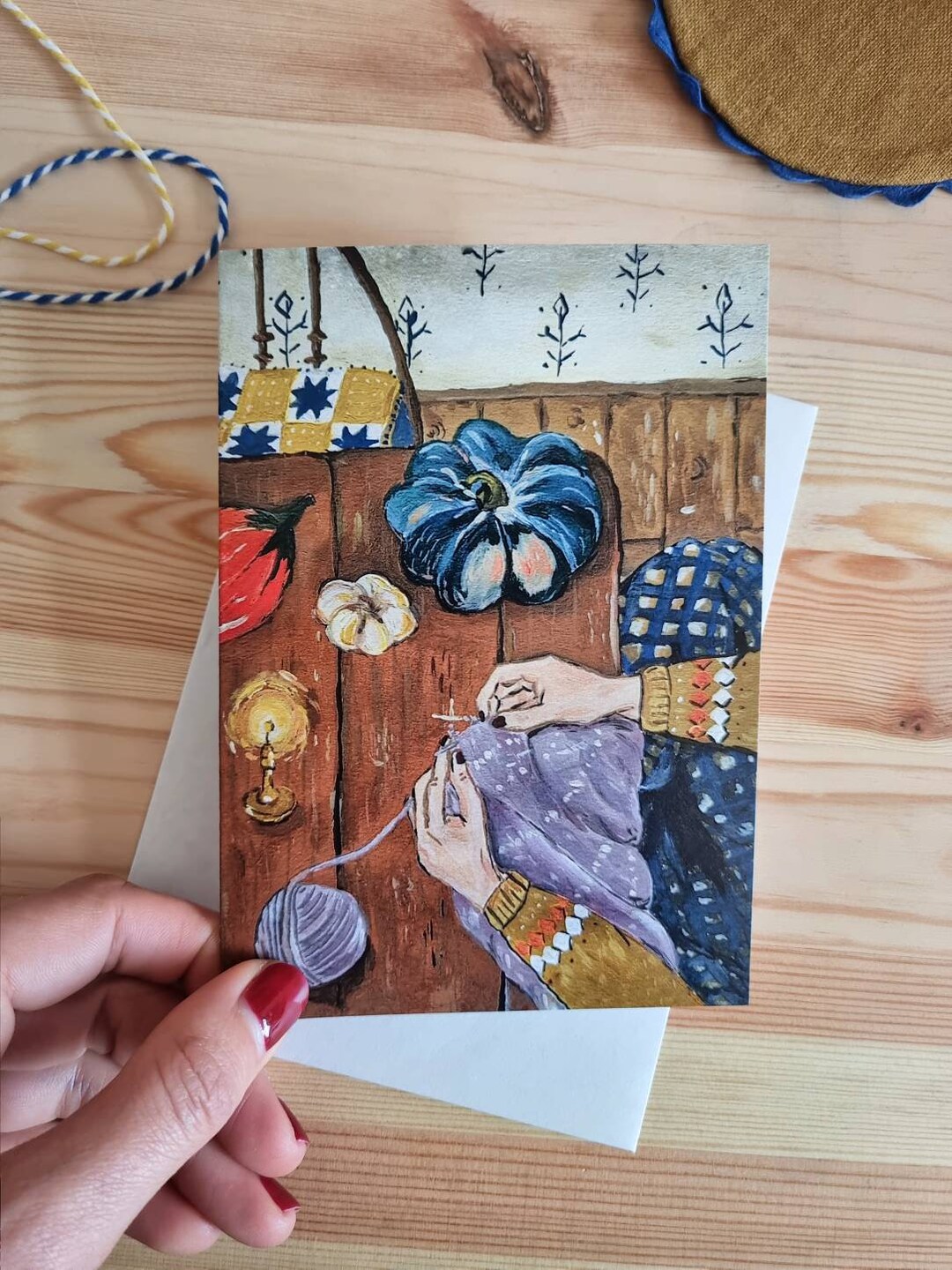 A6 Card - Autumn Table - Cosy Knitting Illustration - Friendship ...