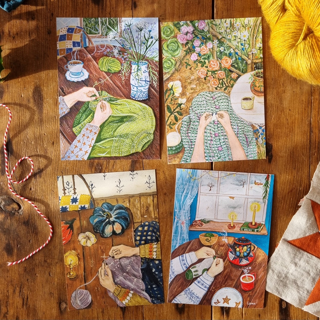 Set of 4 Seasonal Knitting Postcards - Spring, Midummer, Autumn and ...