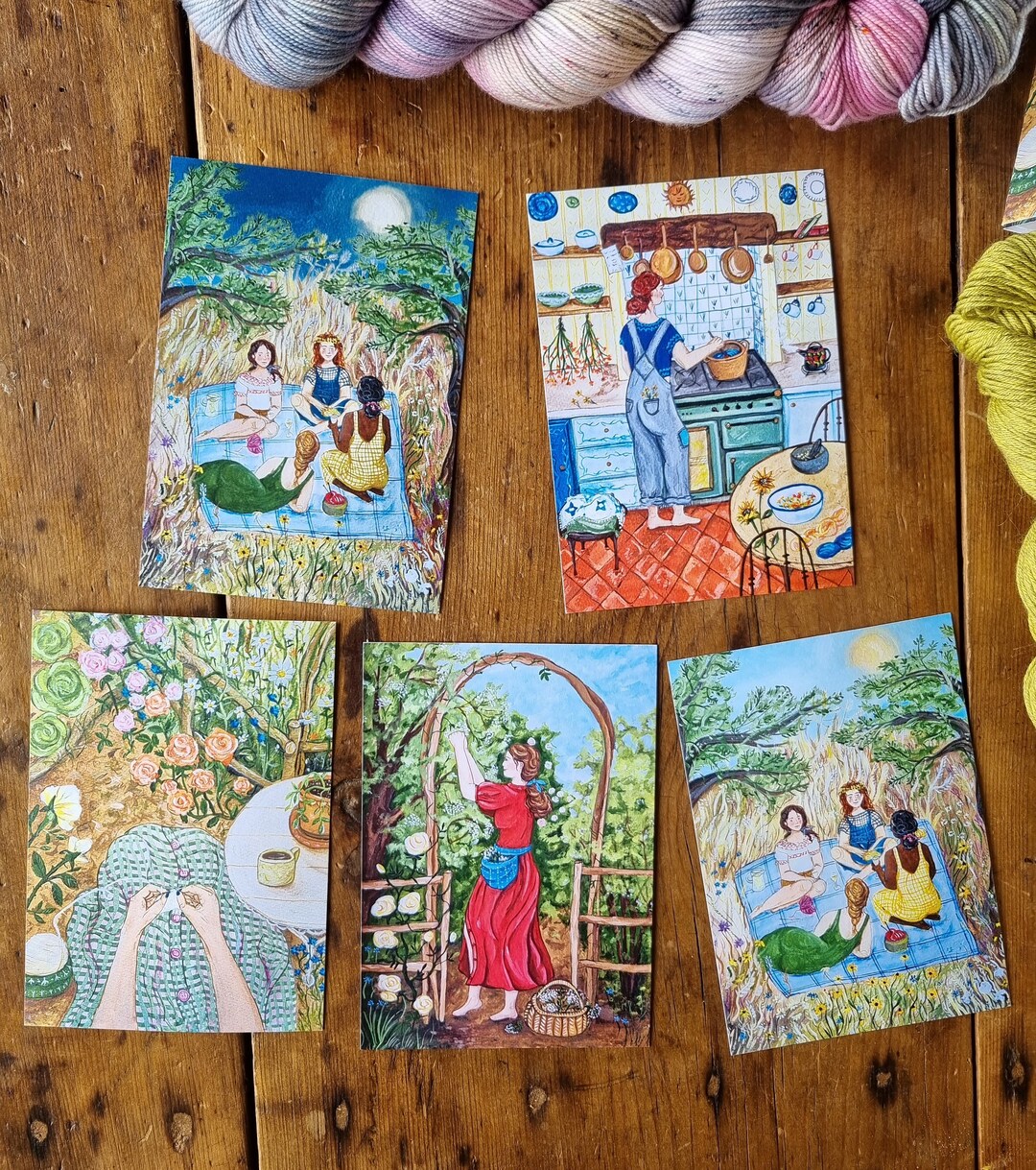 Pack of 5 Midsummer Postcards - Cosy Illustrations - Knitting, Quilting ...