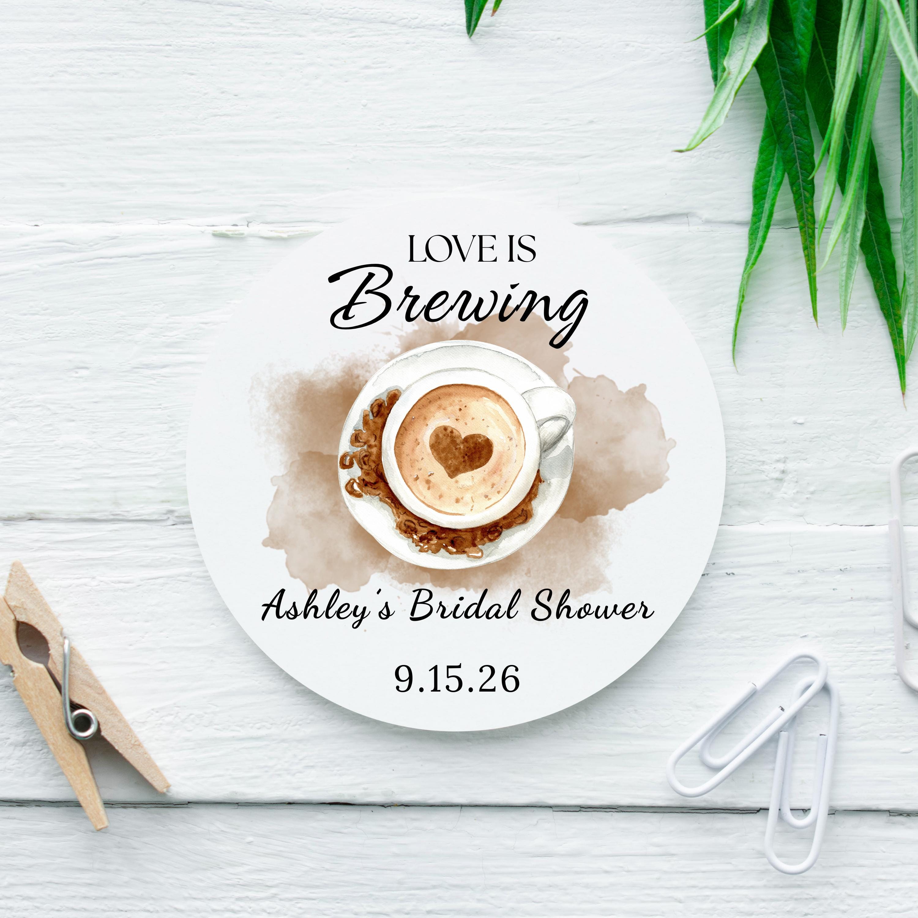 Love is Brewing Stickers, Coffee Bridal Shower Labels, Personalized ...