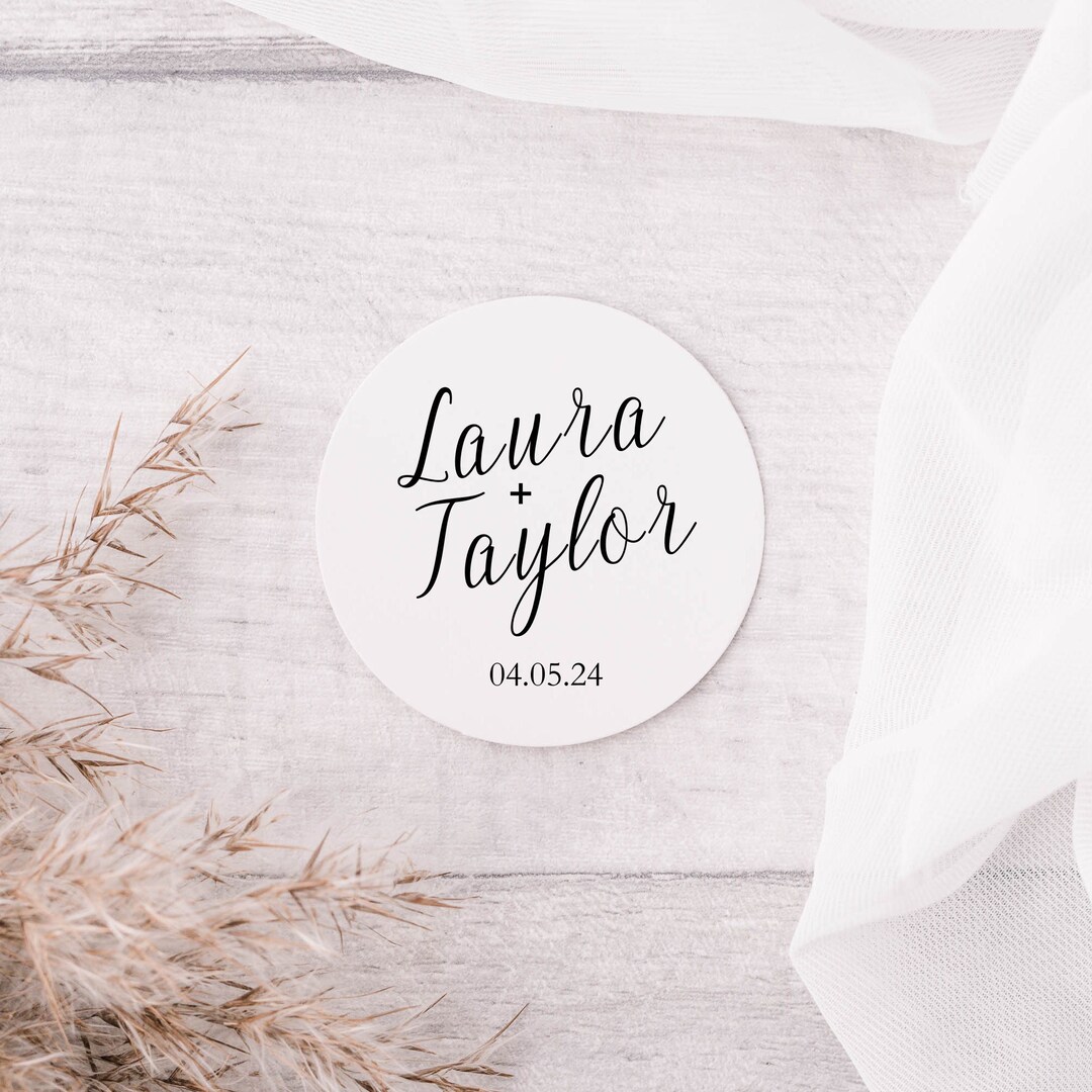 Wedding Couple Name Labels | Round White Matte Stickers | Wedding Hotel ...