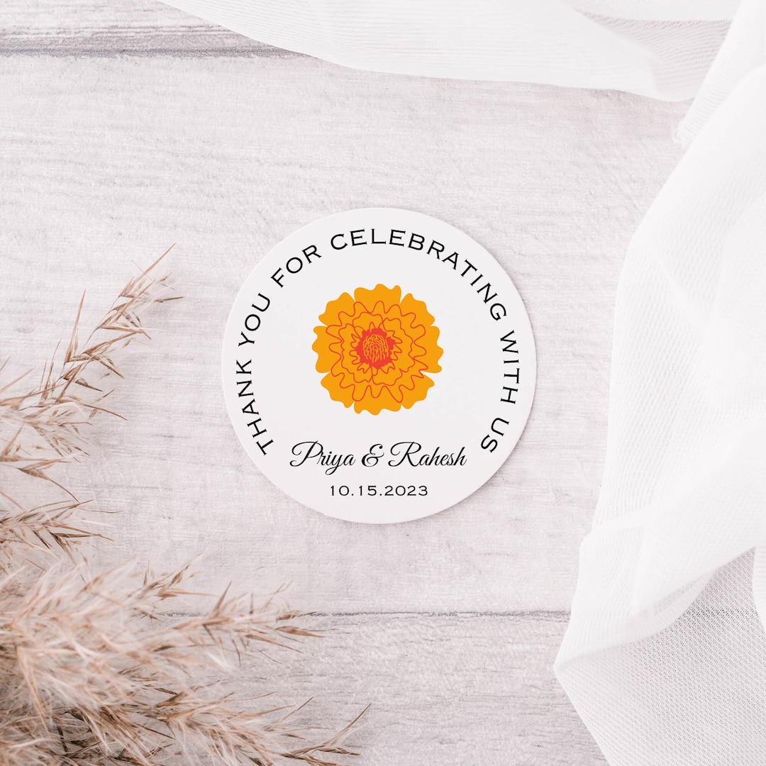 Marigold Indian Wedding Favor Stickers - Personalized Party Favor ...