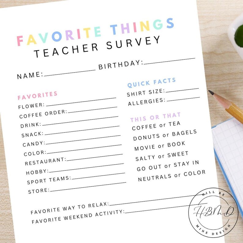 Teacher Favorite Things Survey: Get to Know Your Teacher (digital File ...