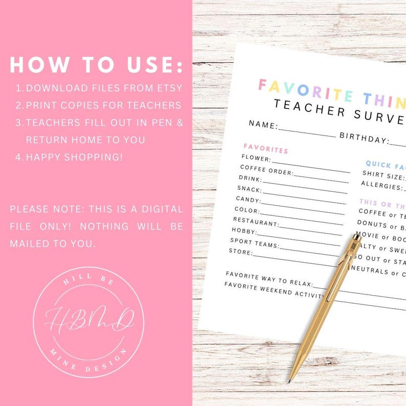 Teacher Favorite Things Survey: Get to Know Your Teacher (digital File ...