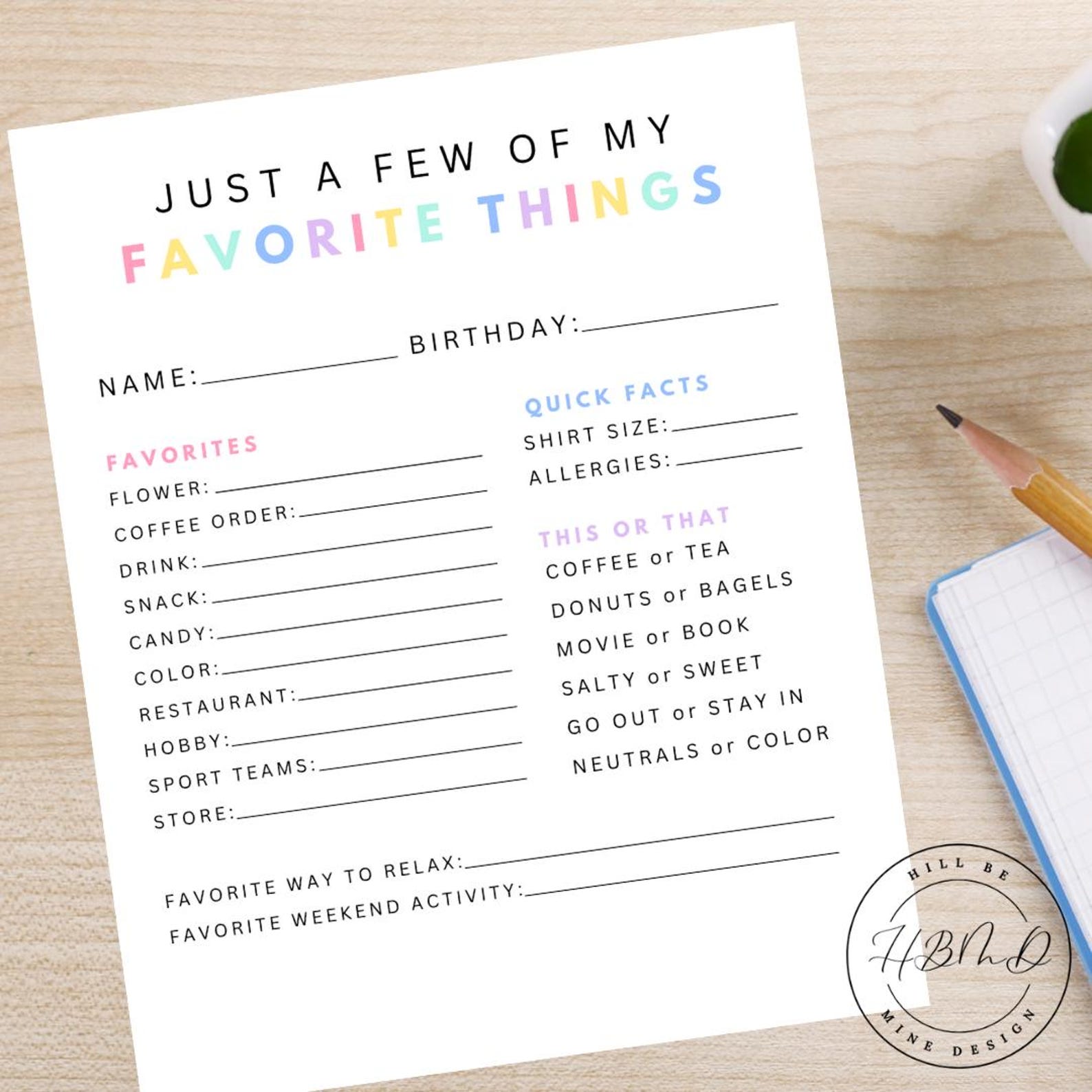 Favorite Things Questionnaire, BFF Survey, Favorite Things Survey ...