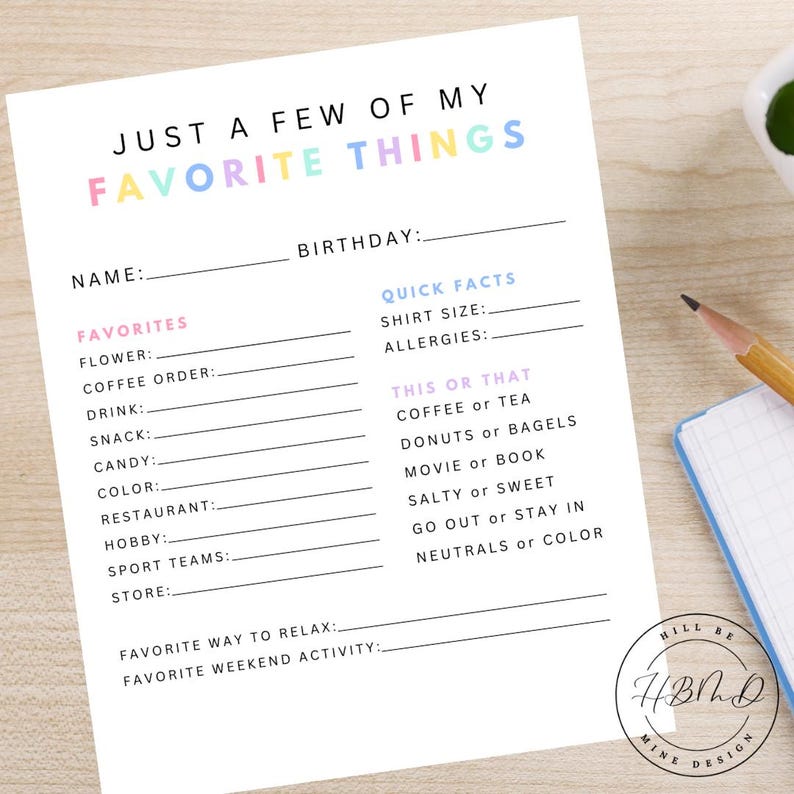 Favorite Things Questionnaire, BFF Survey, Favorite Things Survey ...