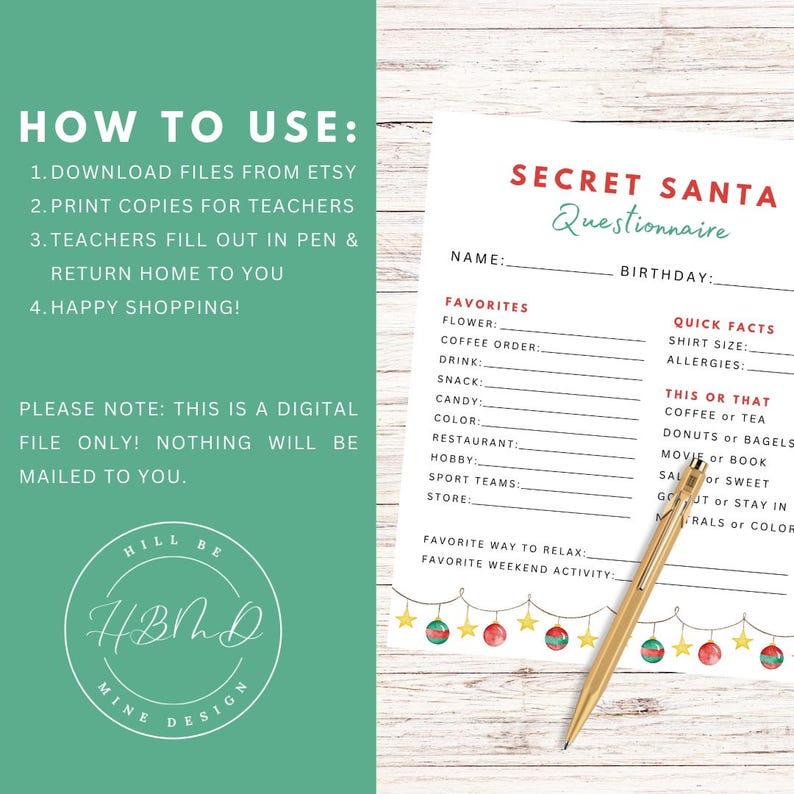 Secret Santa Questionnaire, Secret Santa Exchange, Christmas Printable ...