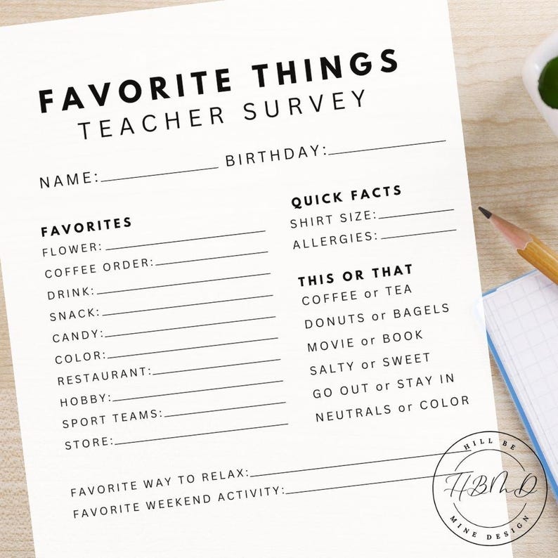 Teacher Favorite Things Survey: Get to Know Your Teacher (digital File ...