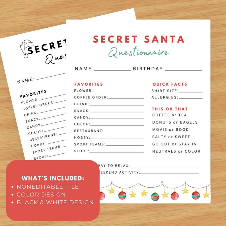 Secret Santa Questionnaire, Secret Santa Exchange, Christmas Printable ...