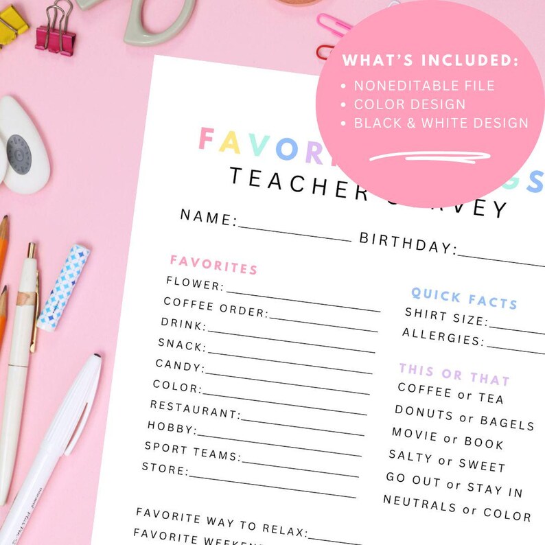 Teacher Favorite Things Survey: Get to Know Your Teacher (digital File ...