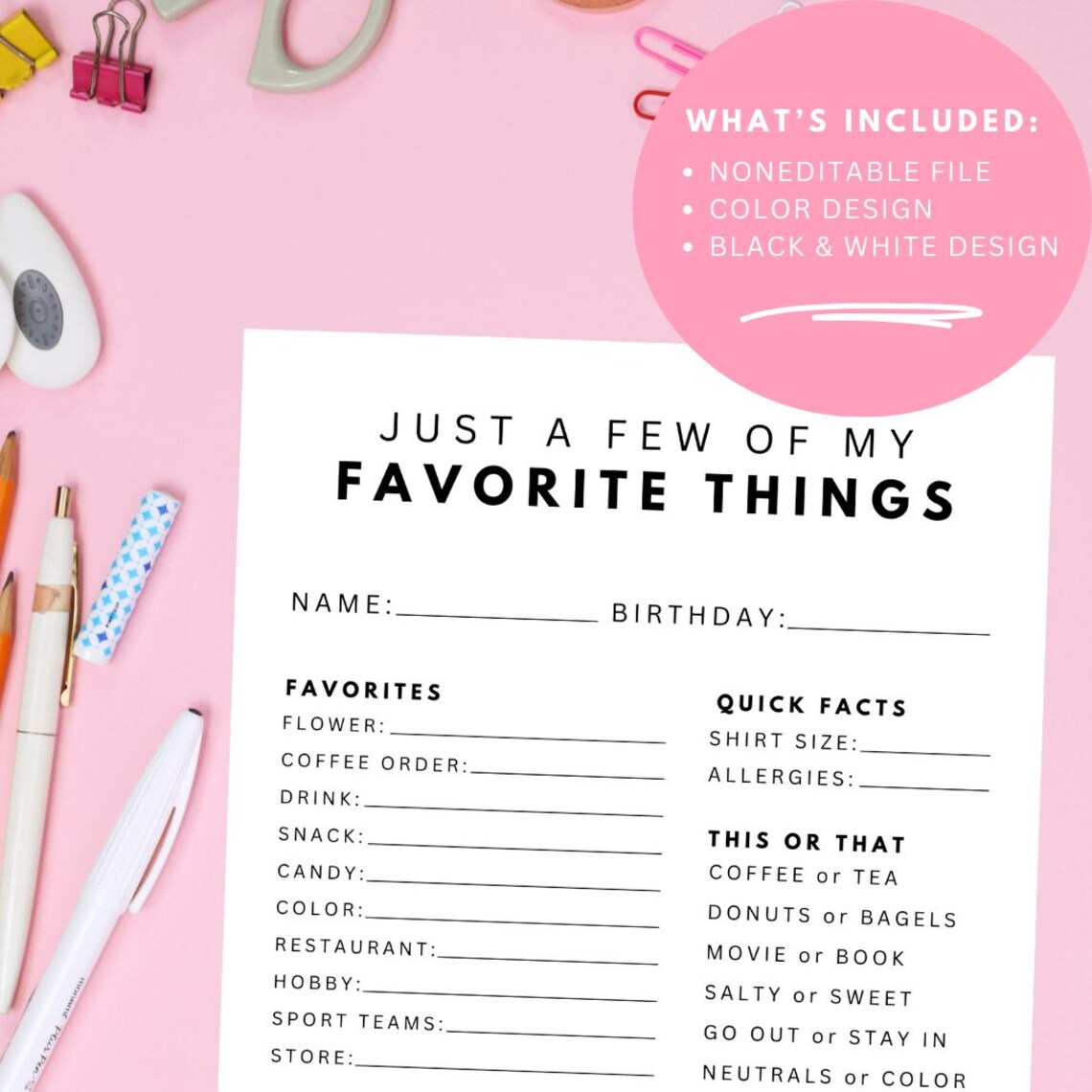 Favorite Things Survey: Coworker Gift, BFF Questionnaire (digital File ...