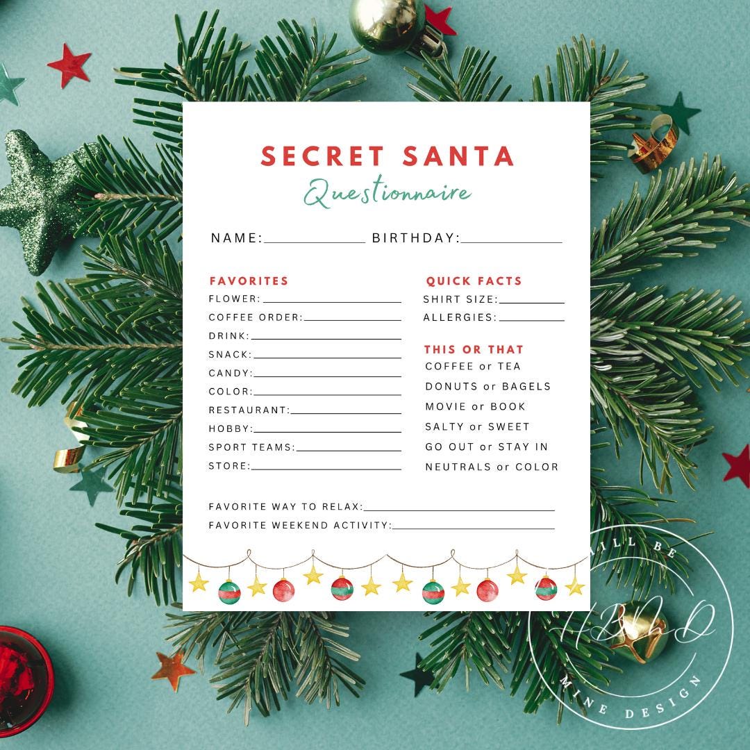 Secret Santa Questionnaire, Secret Santa Exchange, Christmas Printable ...