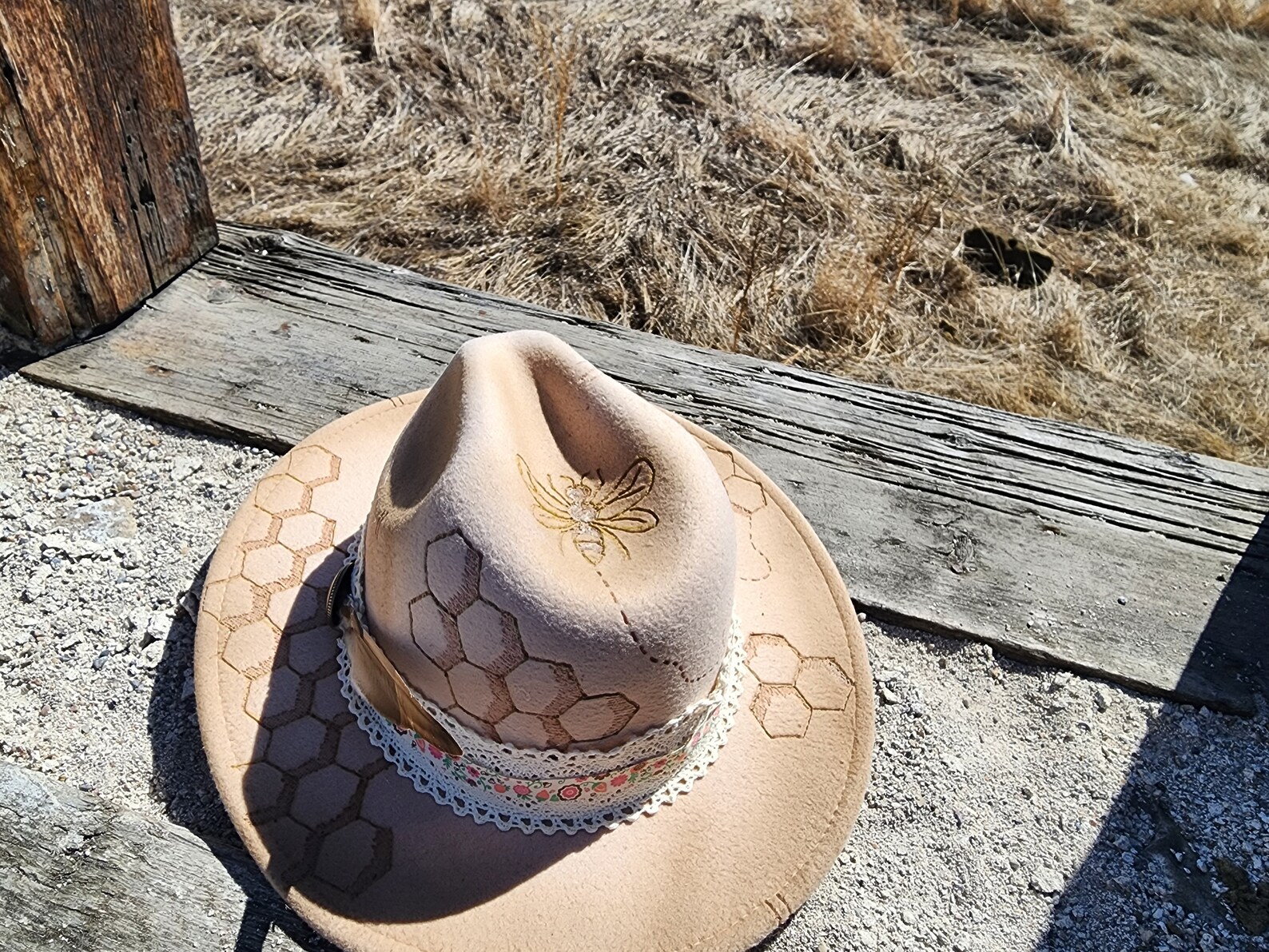 Festival Hat With Pyrography Honeycomb and Bees and Feather Accent - Etsy