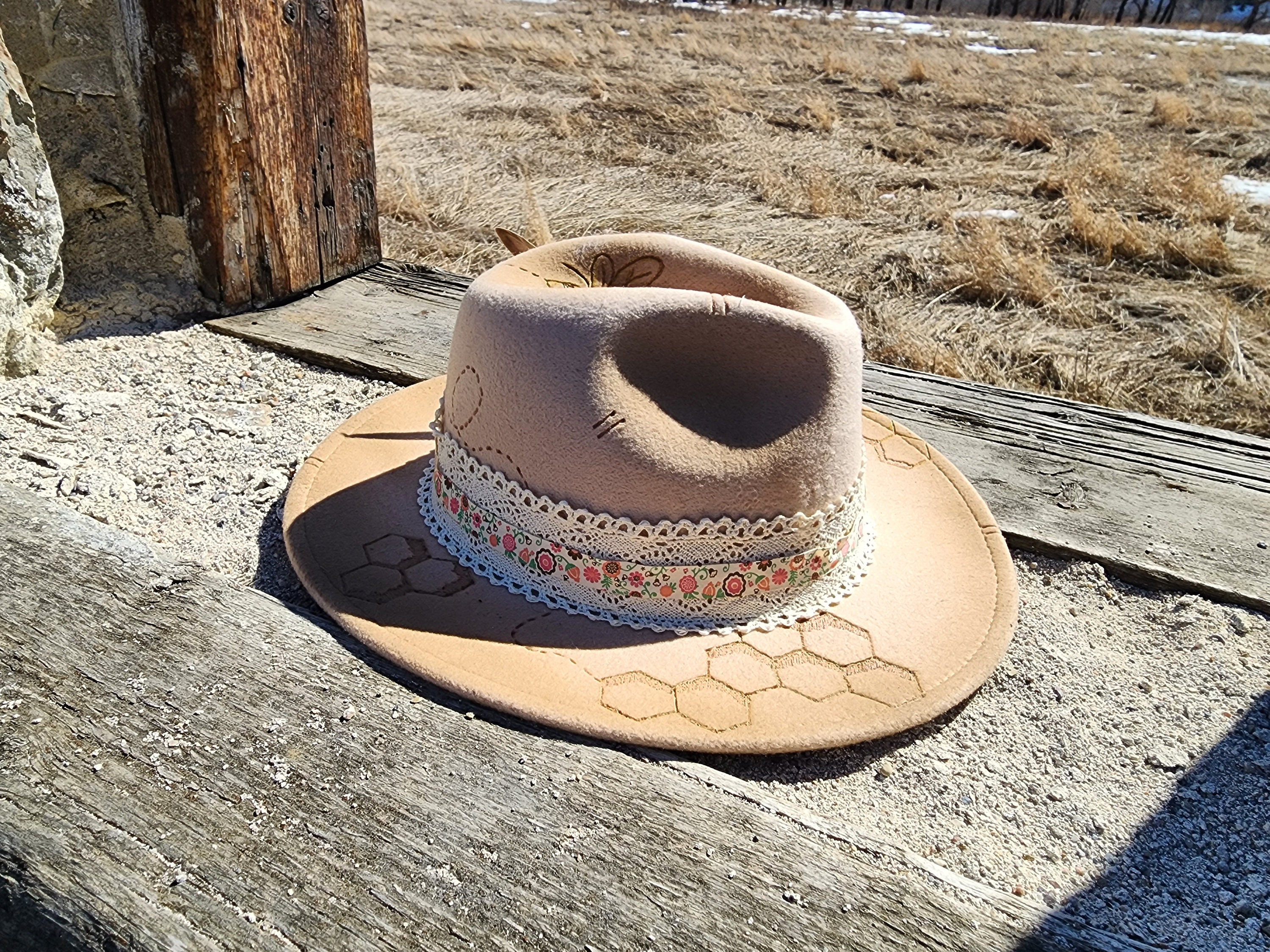 Festival Hat With Pyrography Honeycomb and Bees and Feather Accent - Etsy