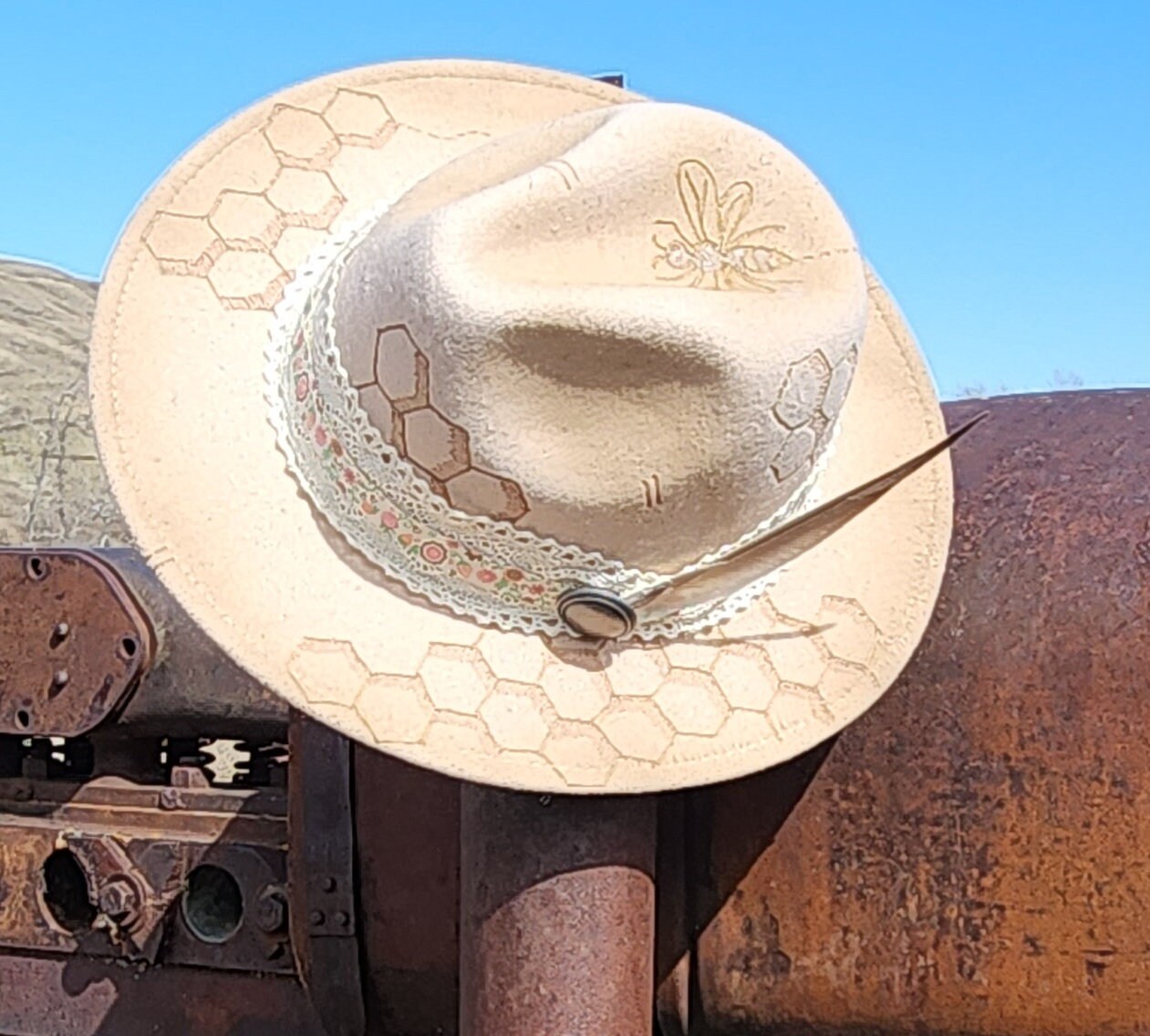 Festival Hat With Pyrography Honeycomb and Bees and Feather Accent - Etsy