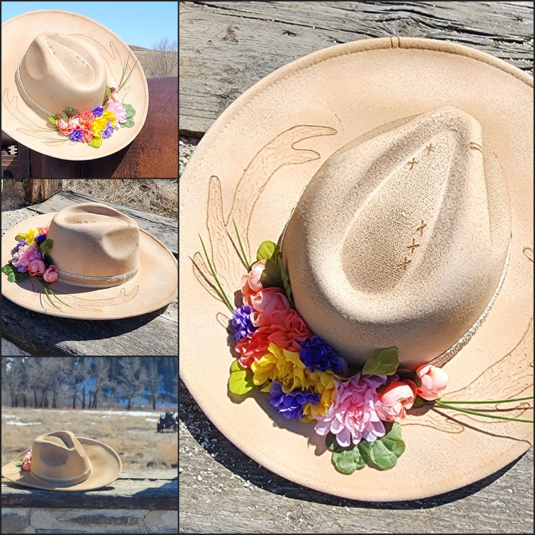Festival Hat With Pyrography Antlers and Flower Detailing. - Etsy