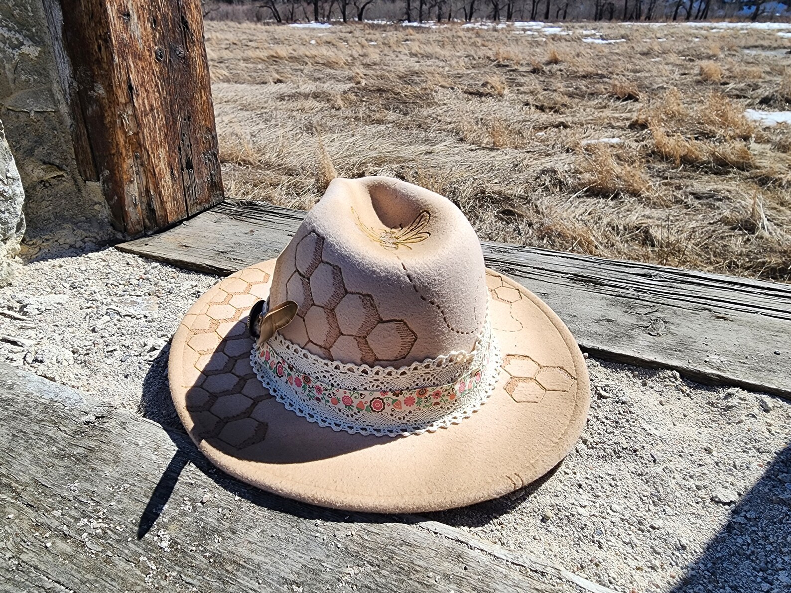 Festival Hat With Pyrography Honeycomb and Bees and Feather Accent - Etsy