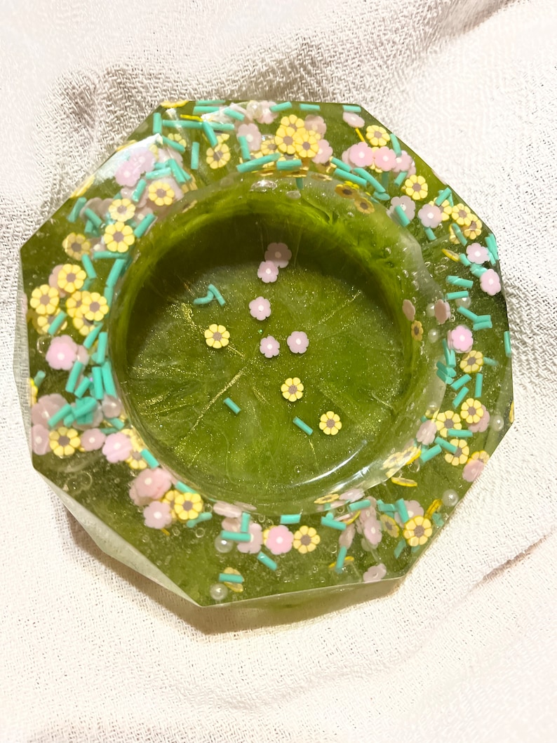 Custom Green and Gold Ashtray With Sunflower Sprinkles , Trinket Dish ...