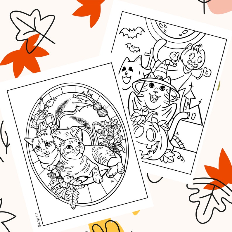 Hello Autumn Kitty Coloring Pages ~ PDF Set of 8 Instant Downloadable ...