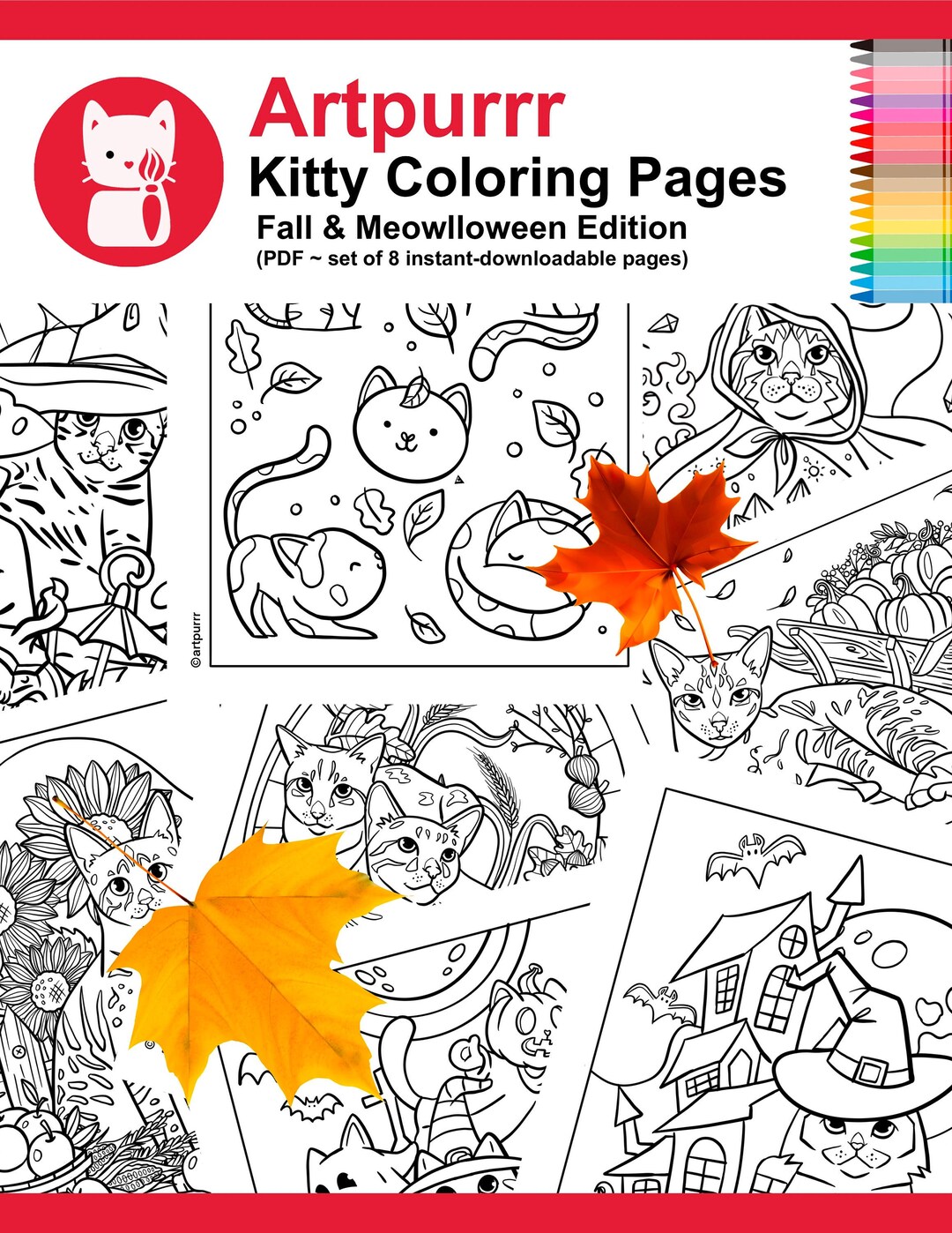 Hello Autumn Kitty Coloring Pages ~ PDF Set of 8 Instant Downloadable ...