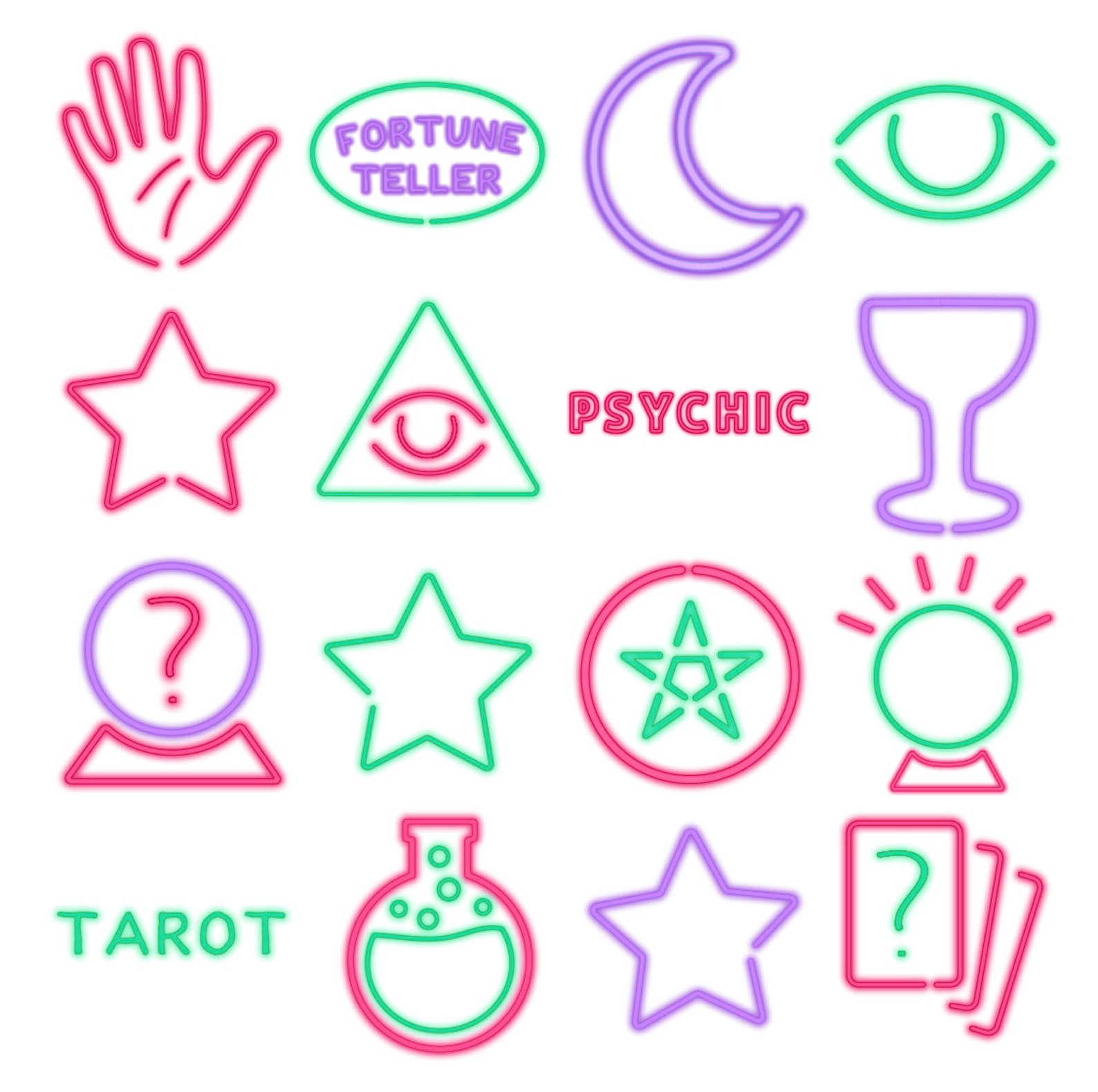 NEON PSYCHIC CLIPART Occult and Palm Reader Icons Magic Tarot - Etsy