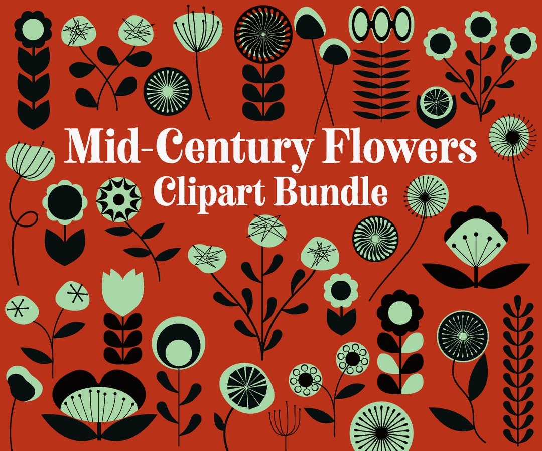 MID-CENTURY FLOWER Two Color Clipart Bundle Floral Abstract Geometric ...
