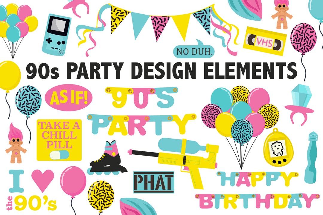 90's BIRTHDAY PARTY CLIPART Y2K Printable Neon 90's Decor 90s Printable ...