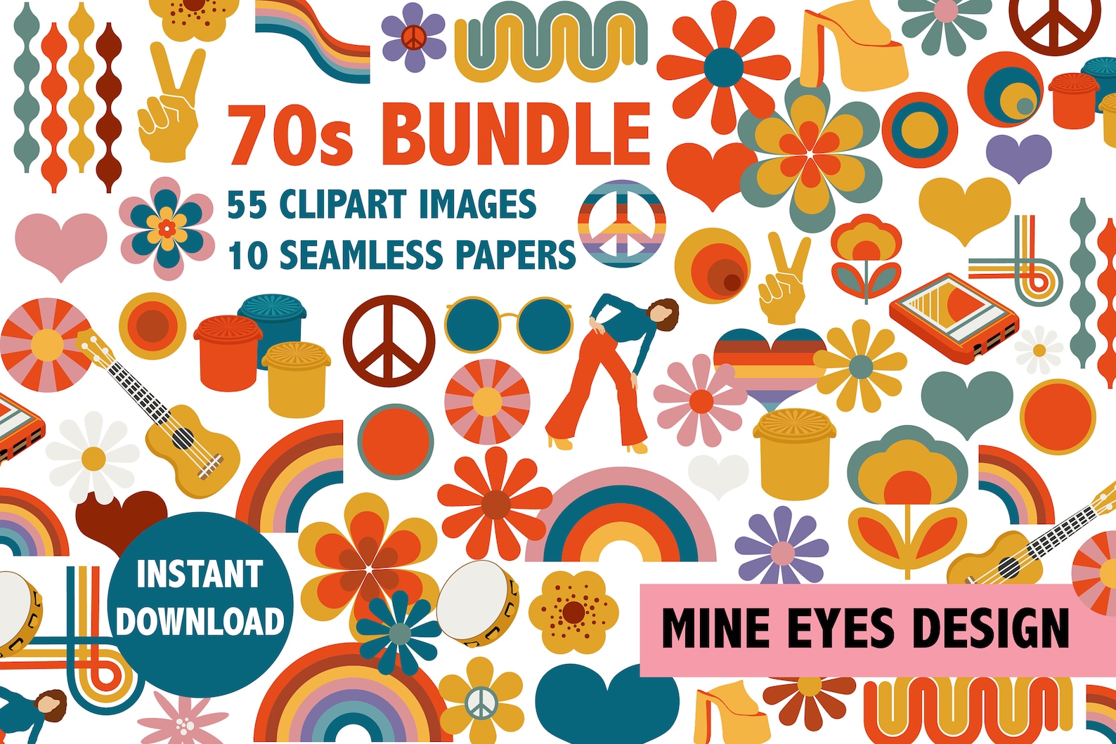 1970s Bundle RETRO Seventies Clip Art Icons and Seamless Digital Papers ...
