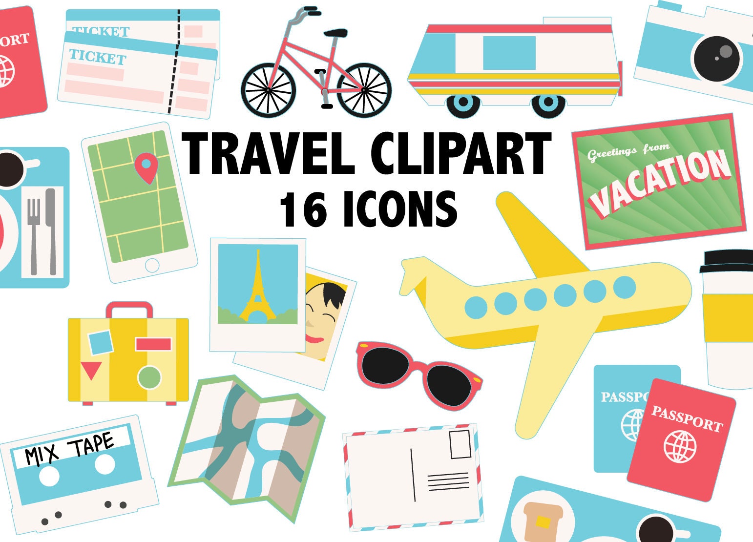 TRAVEL CLIPART Printable Vacation Adventure Icons Airplane | Etsy