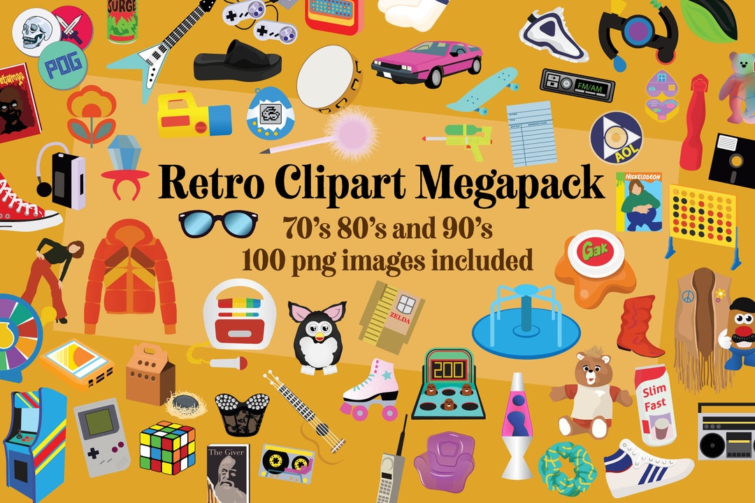 Retro Megapack 70s 80s 90s 100 Digital Clipart Bundle Nostalgia ...