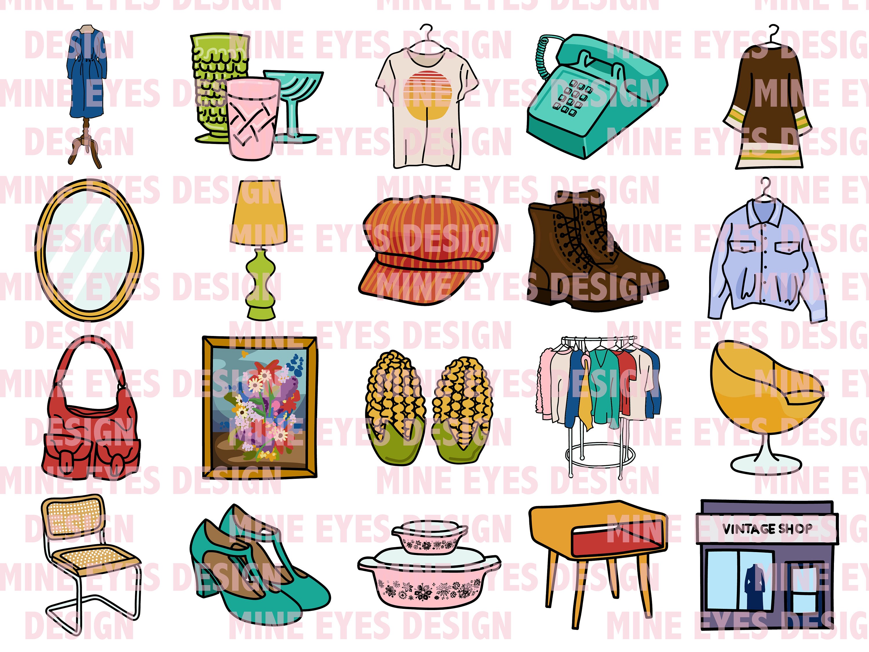 Vintage Thrift Shop Graphics Clipart Set Retro Fashion Mid Century ...