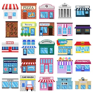 SHOPS CLIPART Town Building Icons BUSINESS Storefront Cityscape Clip ...