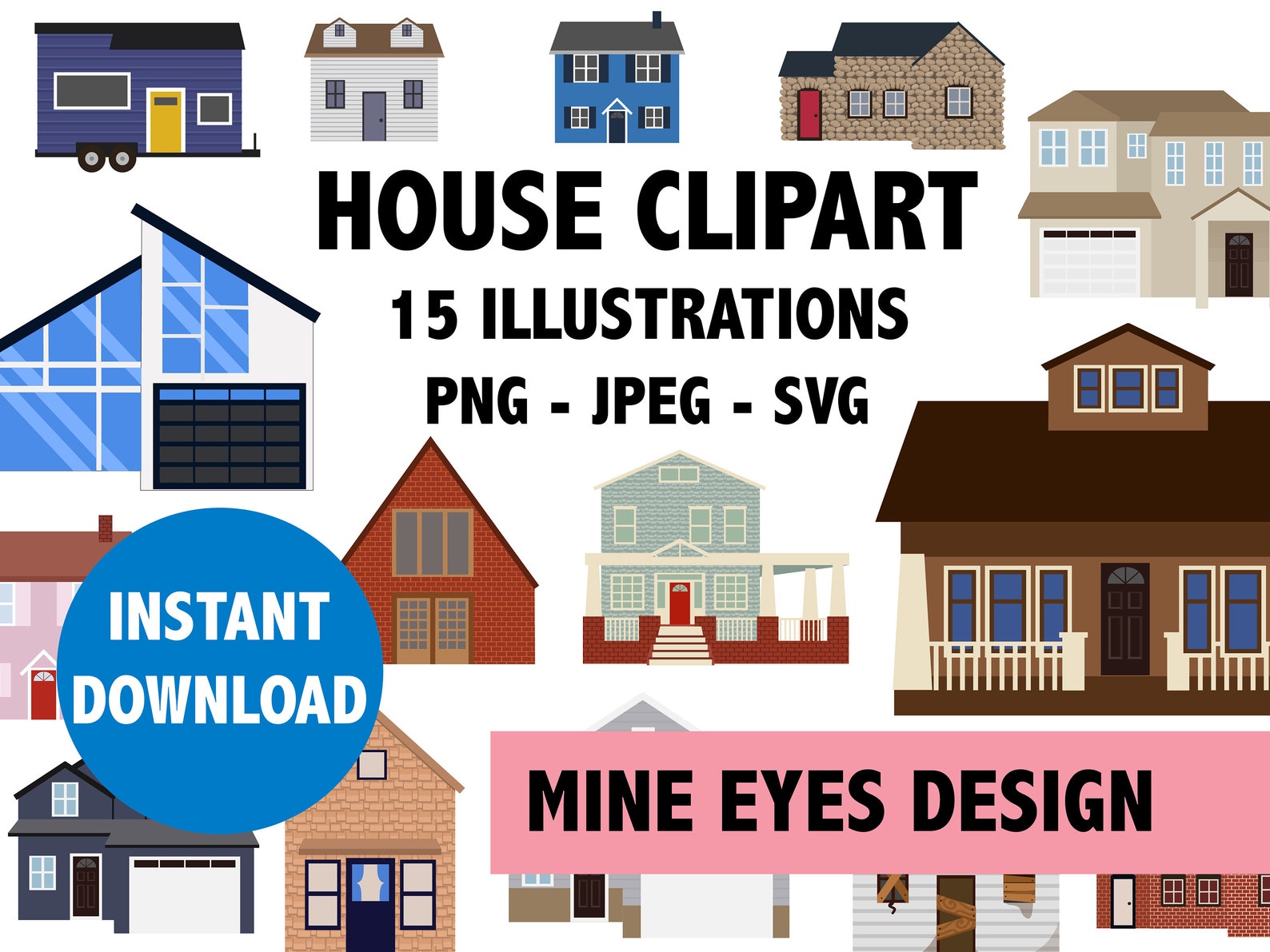 HOUSE CLIPART Residential Home Illustrations Suburban City Tiny Home ...